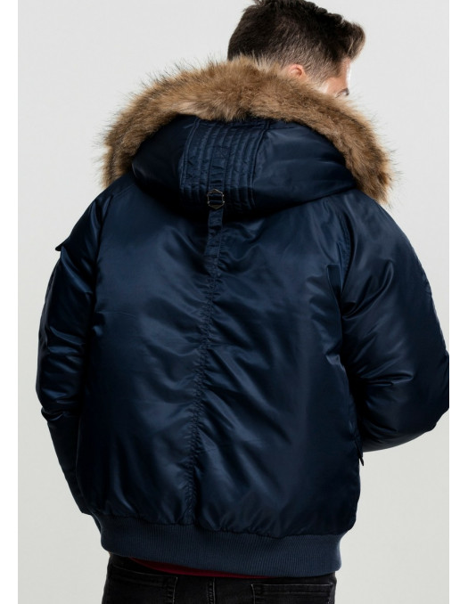 Hooded Heavy Fake Fur Bomber Jacket Navy